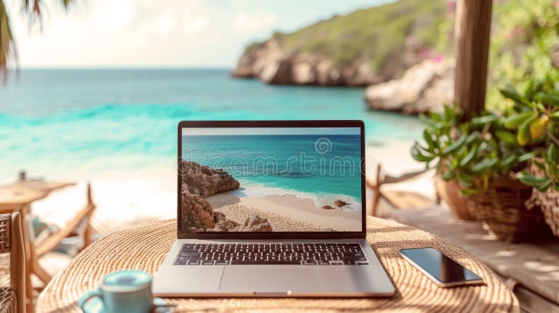 Workstation with a View: Laptop on Beachside Table Stock Illustration ...