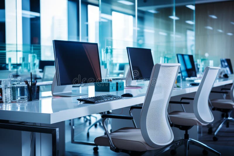 Workstations with Computers in a Modern Office Building Stock ...
