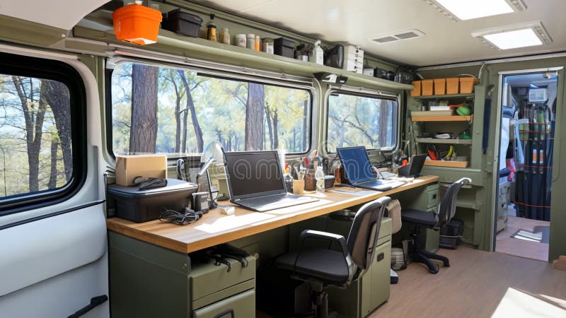 Workstations Inside a Mobile Office in a Forested Area during Daytime ...