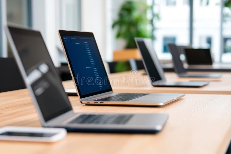 Workstations with Laptops Prepared for Collaborative Sessions in a ...