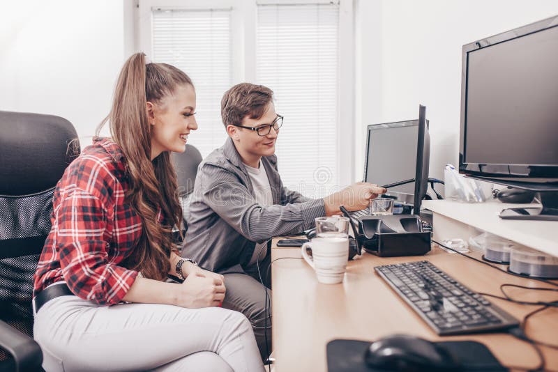 Workteam in Office Working on Desktop Computer Stock Image - Image of ...