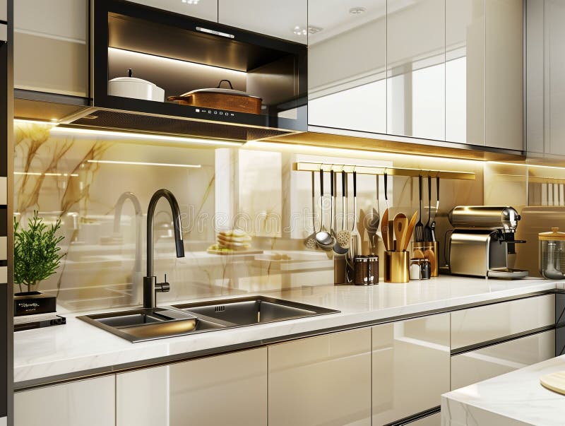 Worktop with Lighting in a Modern Stylish Kitchen. Minimalist Kitchen ... Worktop with Lighting in a Modern Stylish Kitchen. Minimalist Kitchen ...