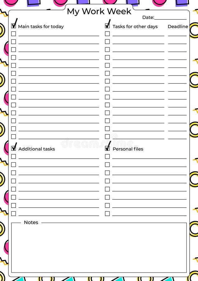 Workweek Task Planner Template with Checkboxes Stock Illustration ...