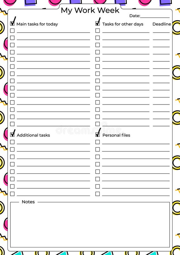 Workweek Task Planner Template with Checkboxes Stock Illustration ...