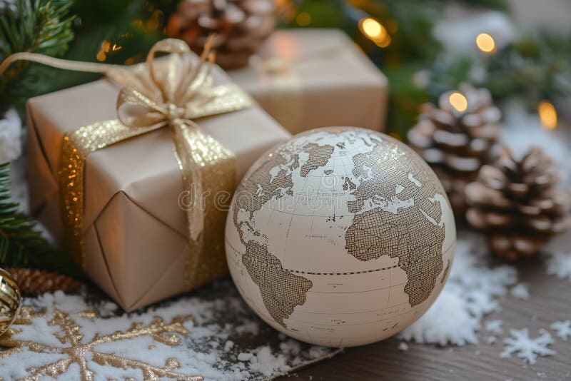 World As Christmas Ball and Gift Boxes. World Map on the Ball. by ...