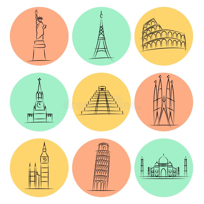 World Attractions Collection. Travel Icon Set. Hand Drawn Graphic ...
