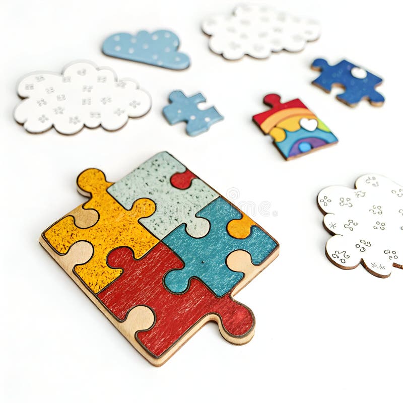 World Autism Day with Multicolored Puzzle and Clouds Isolated on White ...
