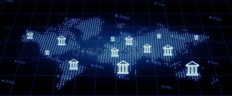 World Banking System Concept. Building Icons Over the World Map. Stock ...