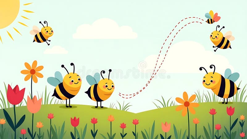 Colorful Vector Illustration of a Cheerful Bee Interacting with Vibrant ...