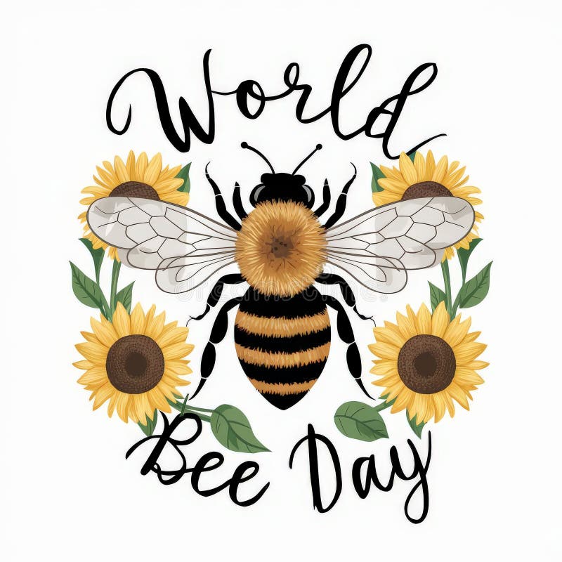 World Bee Day Typography Lettering with Funny Bee and Spring Sunflower ...