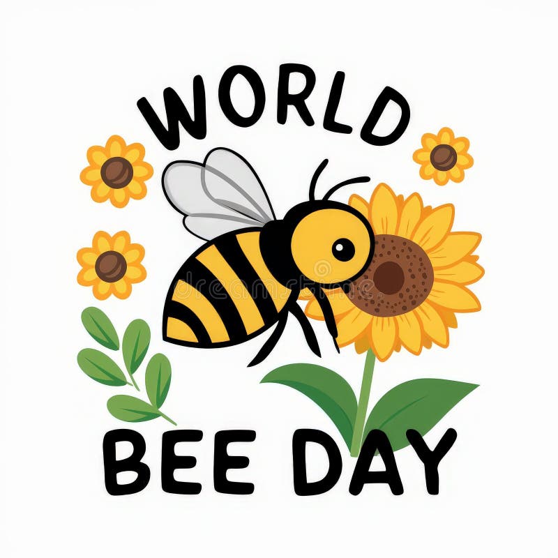 World Bee Day Typography Lettering with Funny Bee and Spring Sunflower ...