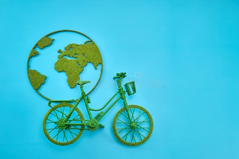 World Bicycle Day. Green Bicycle with World Map Art on Blue Background ...