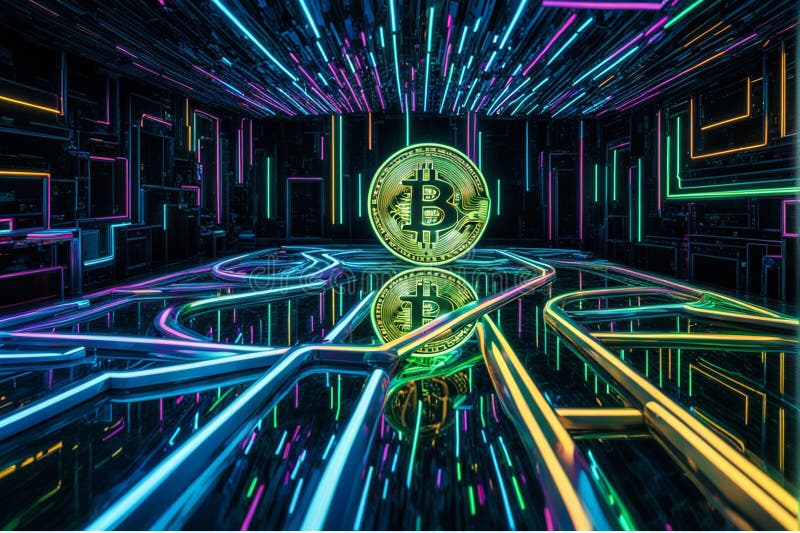 The World of Bitcoin Illuminated by Neon Lights, 3d Illustration Stock ...