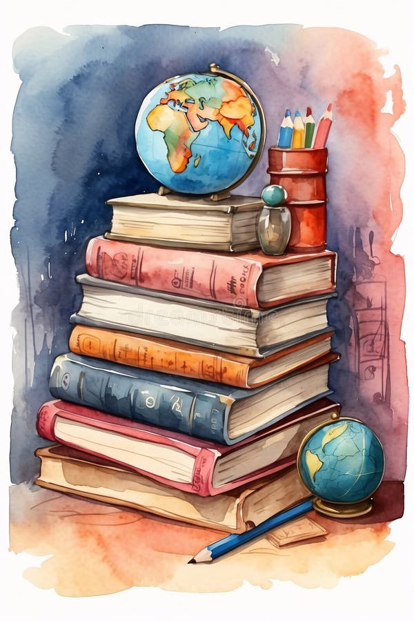 World Book Day Concept. Watercolor Illustration with Stack of Books ...