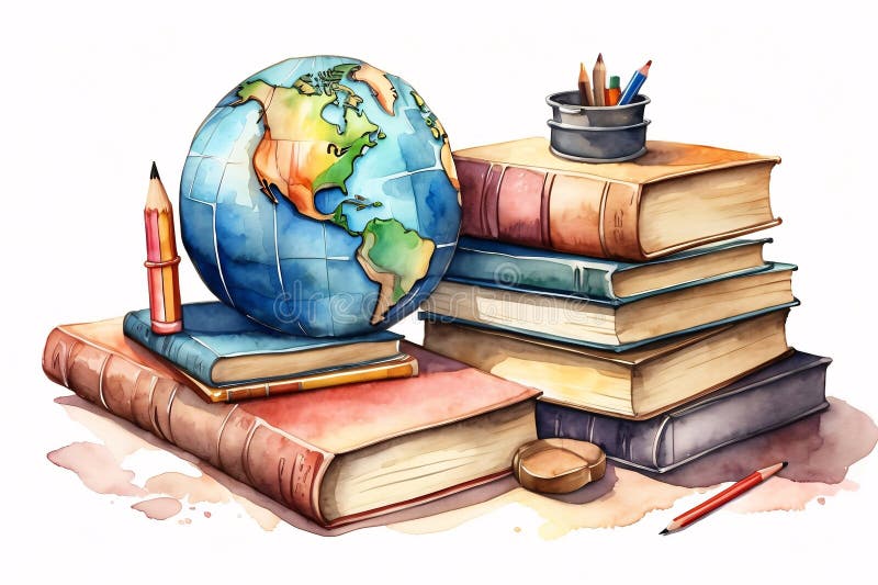 World Book Day Concept. Watercolor Illustration with Stack of Books ...
