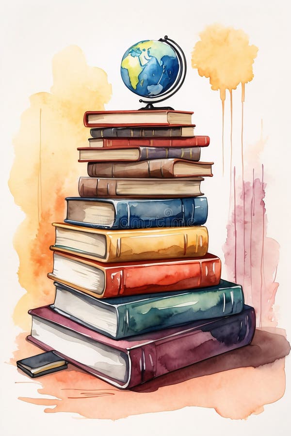 World Book Day Concept. Watercolor Illustration with Stack of Books ...