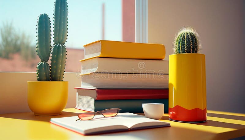 World Book Day. a Stack of Books, a Small Cactus in a Yellow Pot on a ...