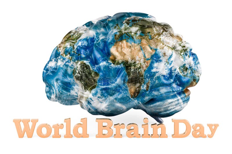 World Brain Day Concept. Human Brain with Earth Globe Texture, 3D ...
