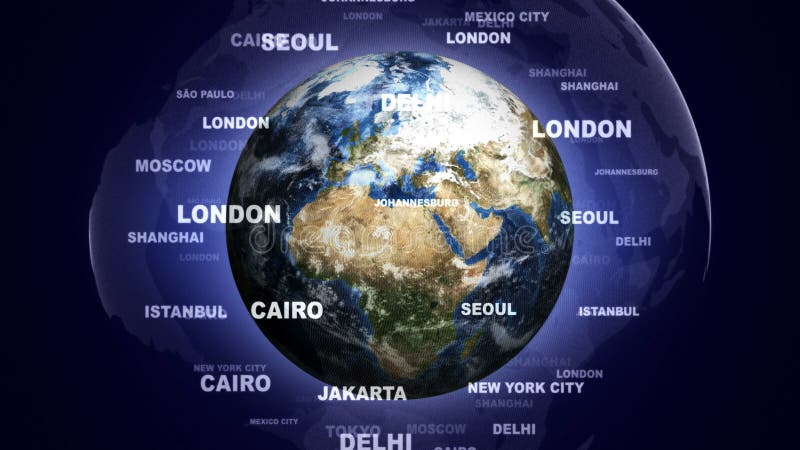 WORLD CITIES Text Animation and Earth, Loop, 4k Stock Illustration ...
