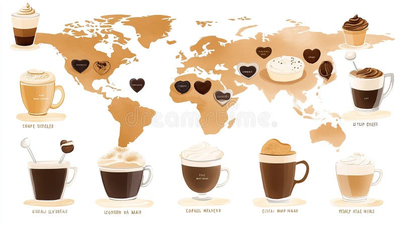 World Coffee Map Showing Various Drinks & Desserts Stock Image - Image ...