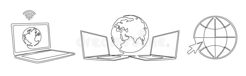 World with Connected Computers. One Line Laptop with Worldwide Intertet ...