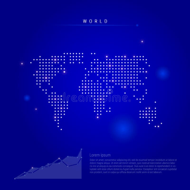 World Continents Illuminated Map with Glowing Dots. Dark Blue Space ...