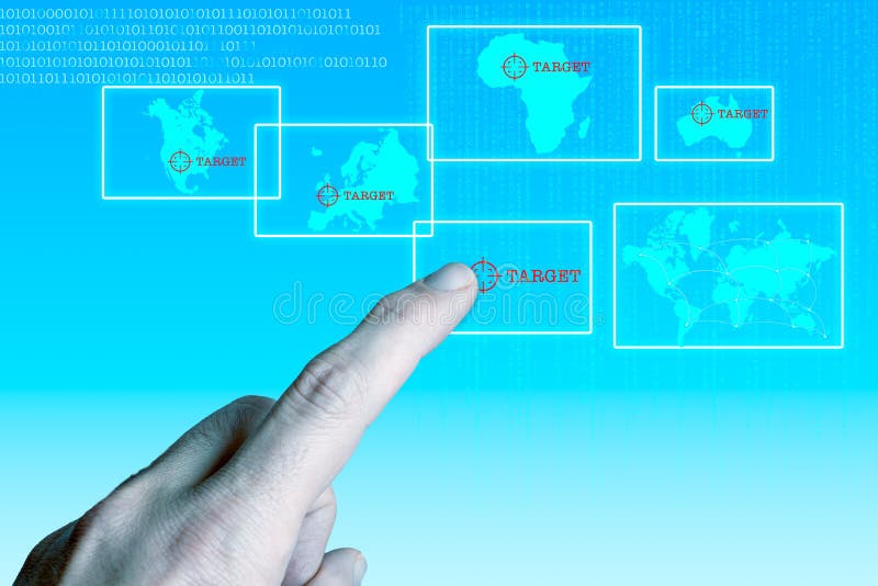 World and Continents Maps with a Finger Targeting Stock Image - Image ...
