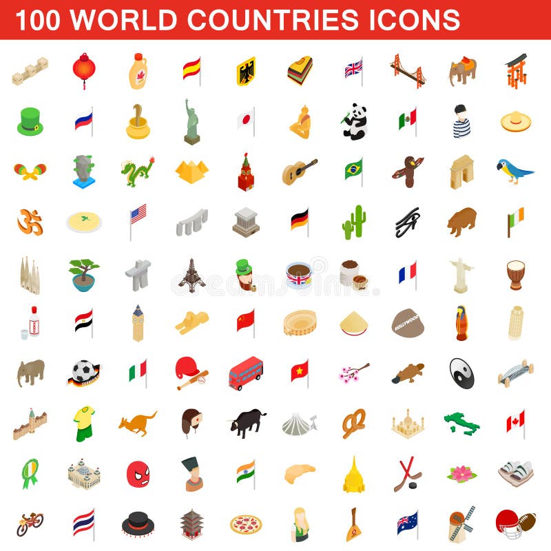 100 World Countries Icons Set, Isometric 3d Style Stock Vector ...