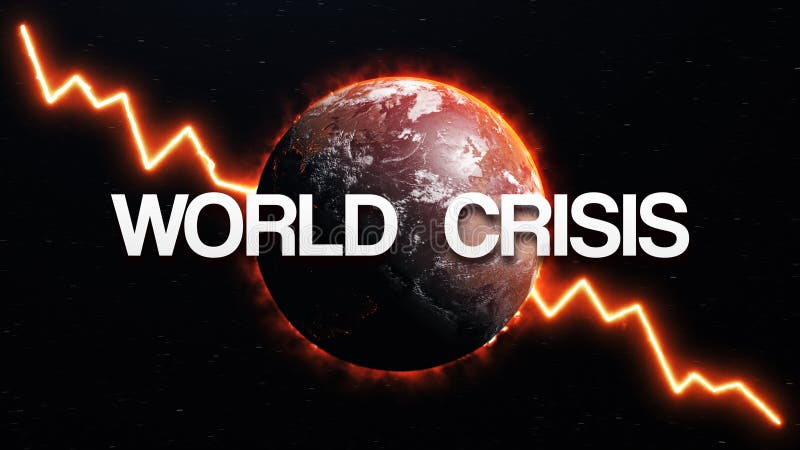 World Crisis Concept Symbol. Earth Globe in Fire with Falling Chart on ...