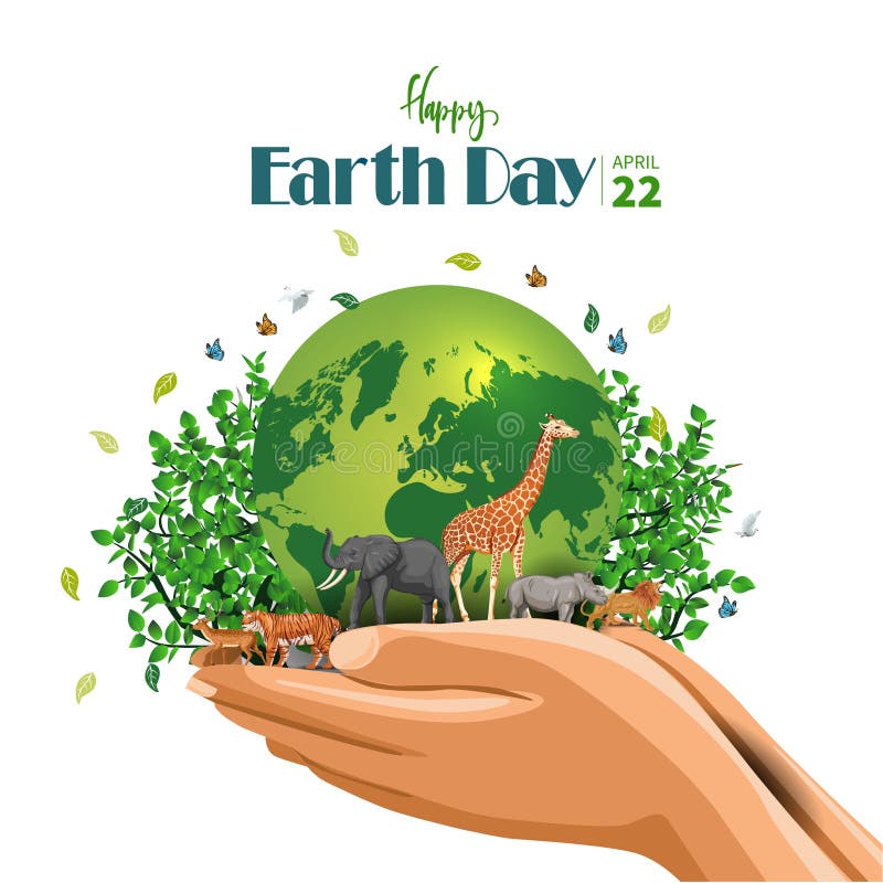 World Earth Day. Two Hands Holding with World Map and Animals White ...