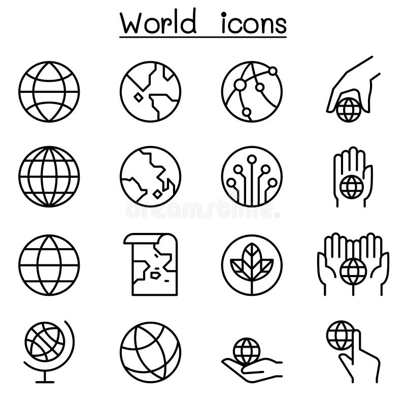 World, Earth Icon Set in Thin Line Style Stock Vector - Illustration of ...
