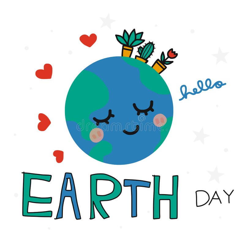 Hello Earth Day Cute Earth Smile Cartoon Vector Illustration Doodle ...