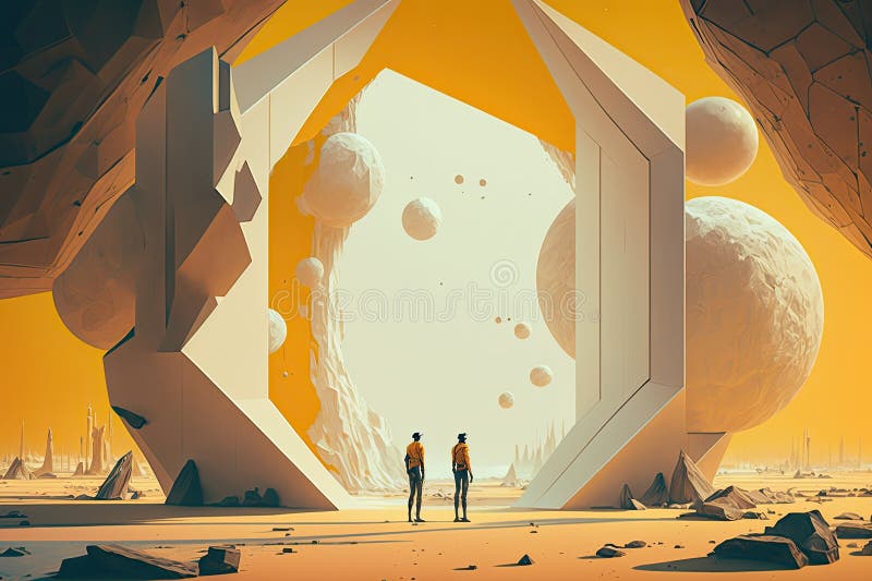 A World of Empty Space and Abstract Shapes, with People Exploring the ...