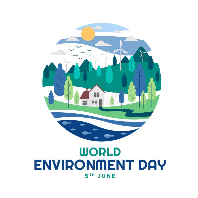 World Environment Day - Home and Tree on Earth Fish in River Windmill ...