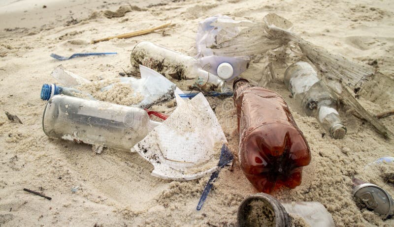 Spilled Garbage (plastic and Glass Bottles, Disposable Cups, Forks and ...