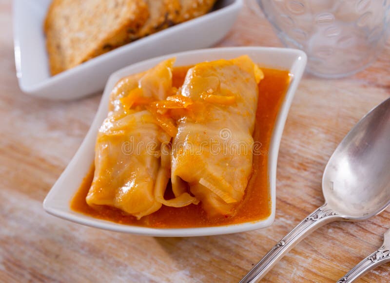 Cabbage Rolls in Cabbage Leaves with Sour Cream, Dish of European ...