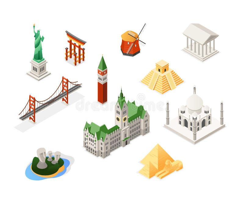 World Famous Landmarks - Colorful Isometric Set of Objects Stock Vector ...