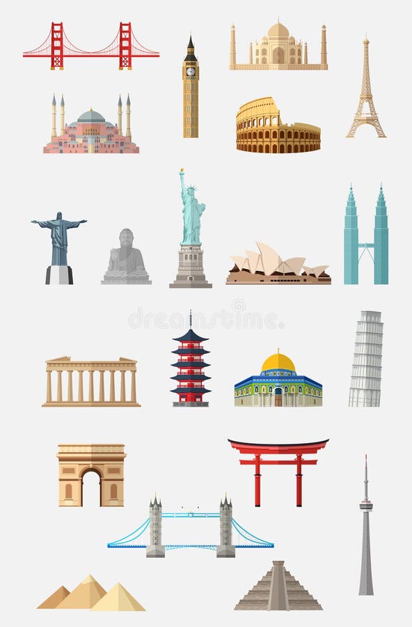World Famous Landmarks Icon Set Stock Illustration - Illustration of ...