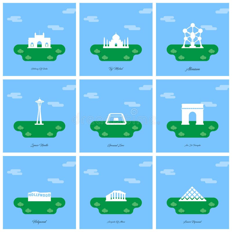 World Famous Monuments and Landmarks Design with Light Blue Back Stock ...
