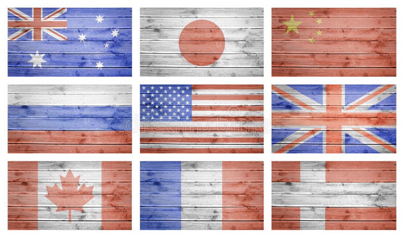 World Flags Collage Over Wood Planks Texture Stock Image - Image of ...