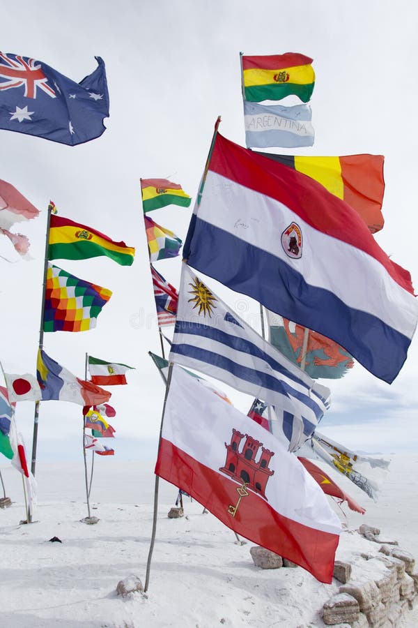 World Flags at Salar De Uyuni (Salt Flat), Bolivia Stock Photo - Image ...