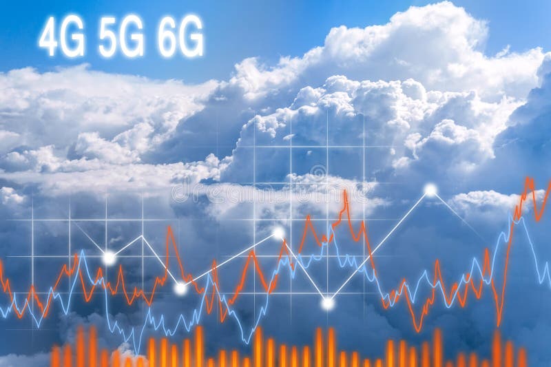 World 4G 5G 6G Speed Telecommunications. Technology Symbol on Blue Sky ...