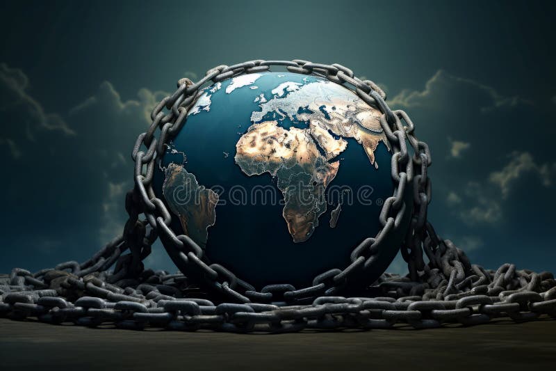 World Globe in Chain Sunset. Generate Ai Stock Image - Image of metal ...