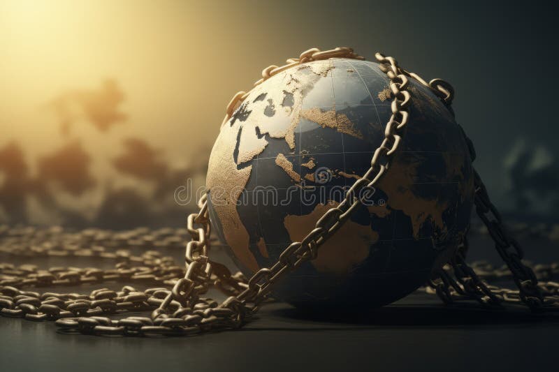World Globe in Chain Sunset. Generate Ai Stock Image - Image of metal ...