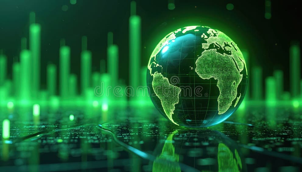 World Globe with Green Glowing Continents. Digital Tech Surface and ...