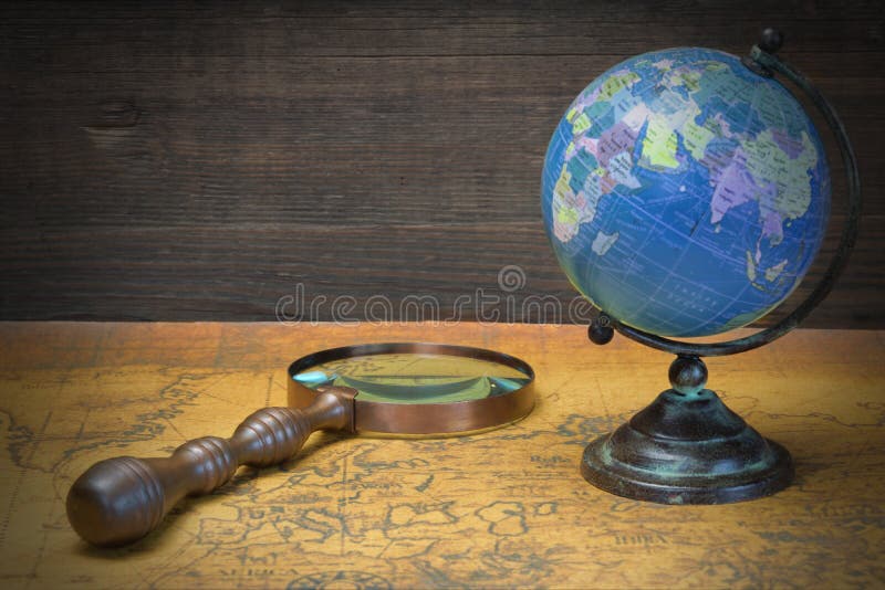 World Globe and Magnifier on the Old Map Stock Photo - Image of learn ...