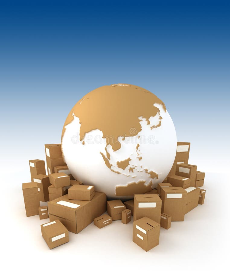 World Globe Surrounded by Packages Asia Oriented Stock Illustration ...