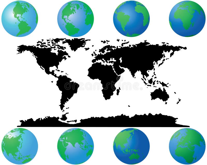World Map, Globes, Continents, Navigation Icons - Illustration. Stock Vector - Illustration of ...
