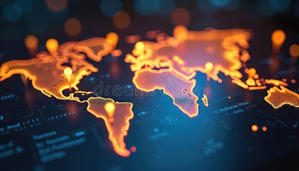 World Glowing Map Featuring Location Pins Represents Global ...