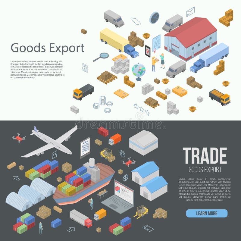 World Goods Export Banner Set, Isometric Style Stock Vector ...